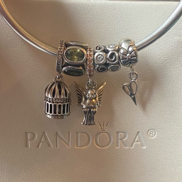 Pandora | Jewelry | Authentic Pandora Charms And Bow Bangle In Box ...